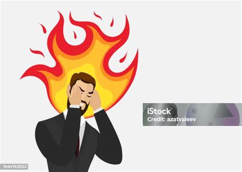 머리에 불이 붙은 화난 남자 불타는 두뇌를 가진 분노한 사업가를 강조했습니다 정신 장애 소진과 과로를 가진 지친 아픈 피곤한 남성 관리자 짜증나는 사람 삽화 개념입니다 증권