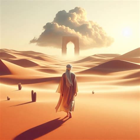 Premium Photo A Man Walking Through The Desert To The Gate Abstraction