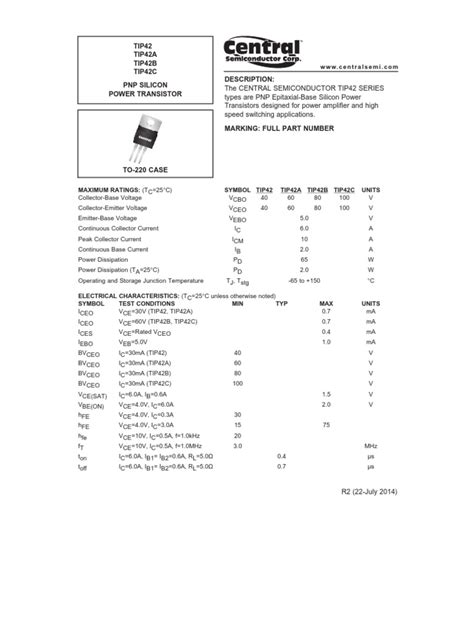Tip42 Tip42a Tip42b Tip42c Pnp Silicon Power Transistor Description Pdf Bipolar Junction