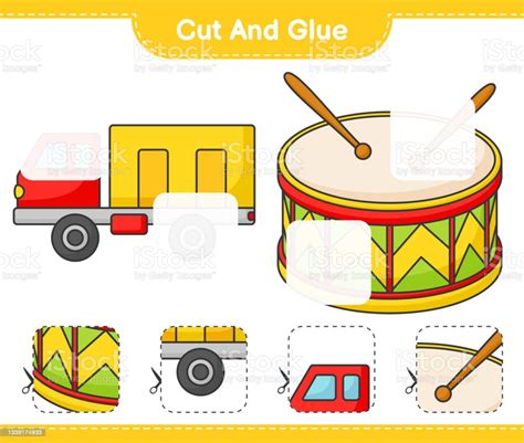 잘라 접착제 트럭과 드럼의 일부를 잘라 그리고 그들을 접착제 교육 어린이 게임 인쇄 워크 시트 벡터 일러스트레이션 0명에 대한