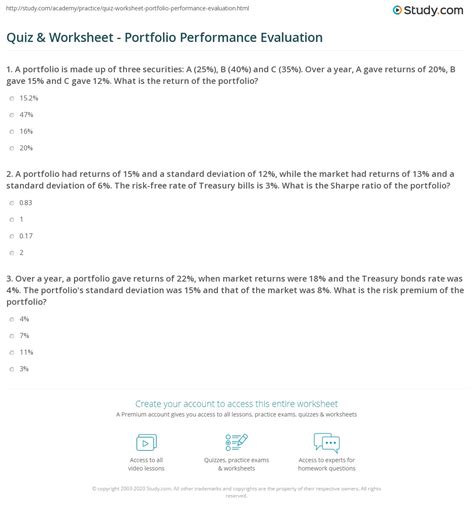 Quiz And Worksheet Portfolio Performance Evaluation