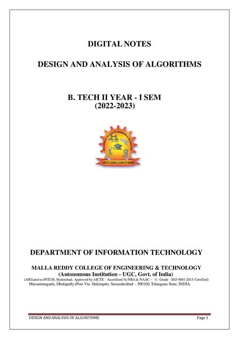 Design AND Analysis OF Algorithms DIGITAL NOTES DESIGN AND ANALYSIS OF ALGORITHMS B TECH II