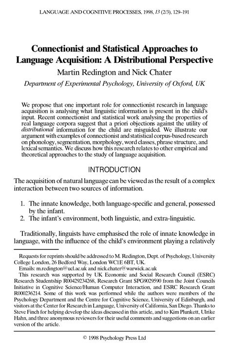 Pdf Connectionist And Statistical Approaches To Language Acquisition A Distributional Perspective