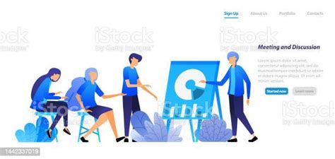 이사와 직원이 만나 데이터로 회사 문제를 논의하고 논의합니다 비즈니스 세미나 방문 페이지 웹 Ui 배너 전단지 포스터 템플릿 배경에 대 한 벡터 일러스트 레이 션 개념