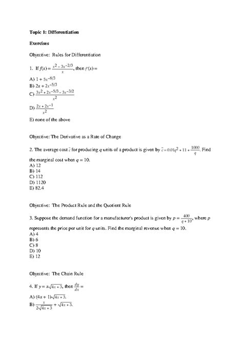 Differentiation Exercises Topic 1 Differentiation Exercises Objective Rules For
