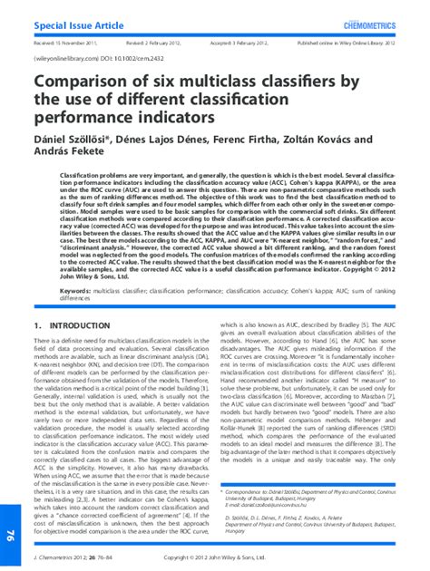 Pdf Comparison Of Six Multiclass Classifiers By The Use Of Different