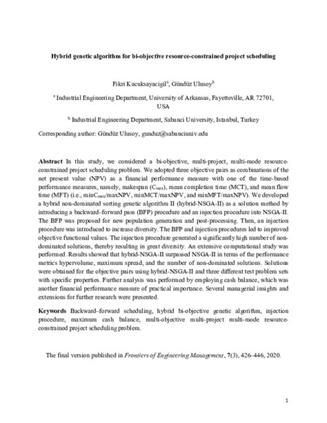 Pdf Hybrid Genetic Algorithm For Bi Objective Resource Constrained Project Scheduling