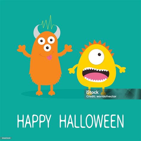 해피 할로윈 인사말 카드입니다 노란색과 오렌지 한 눈 이빨 혀 괴물 재미 있은 귀여운 만화 캐릭터입니다 베이비 컬렉션입니다 평면 디자인입니다 녹색 배경입니다 공포 무서움에