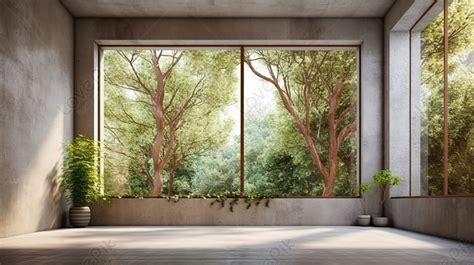 넓은 창에서 숨막히는 정원 전망을 감상할 수 있는 절묘한 3d 렌더링 콘크리트 방 고요한 오아시스 정원 배경 감상 배경