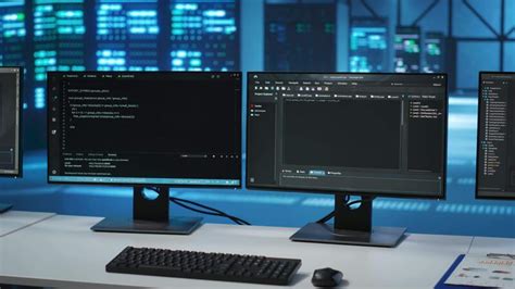 Lines Of Code Running On Computer Screens In Data Center Used For