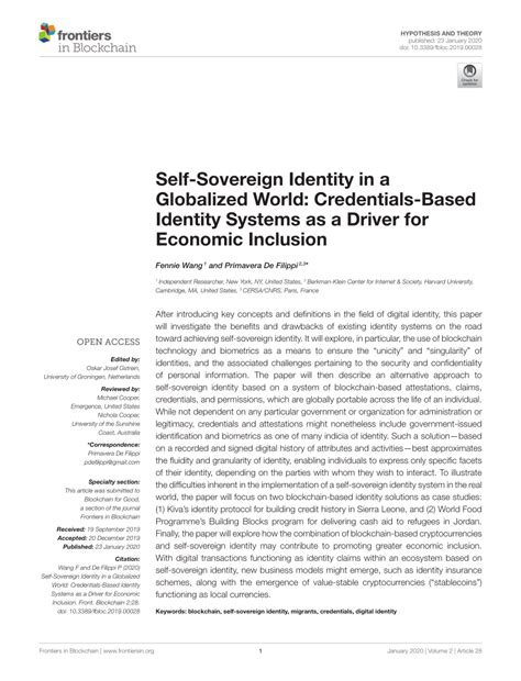 Pdf Self Sovereign Identity In A Globalized World Credentials Based Identity Systems As A