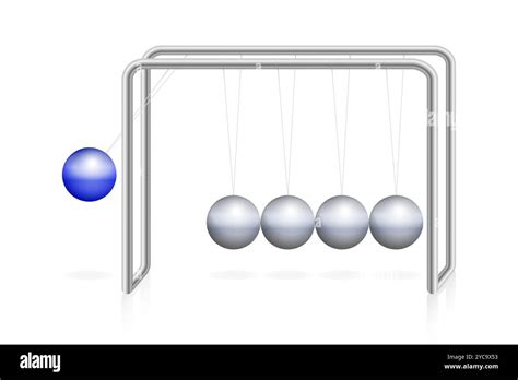 Newtons Cradle With Blue Sphere On Frame With Metal Balls Demonstrating Principles Of