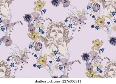 Cherub Pattern Flowers Vintage Style Stock Vector Royalty Free