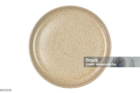 흰색 배경에 분리된 하나의 빈 둥근 점박이 갈색 세라믹 판의 평면도 그릇에 대한 스톡 사진 및 기타 이미지 그릇 도자기 원형 Istock