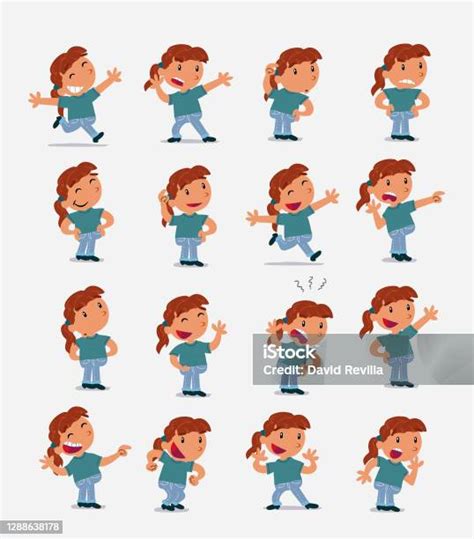 만화 캐릭터 흰색 어린 소녀 서로 다른 자세 태도 및 포즈로 설정하여 격리 된 벡터 일러스트레이션에서 다양한 활동을하고 있습니다 가족에 대한 스톡 벡터 아트 및 기타 이미지