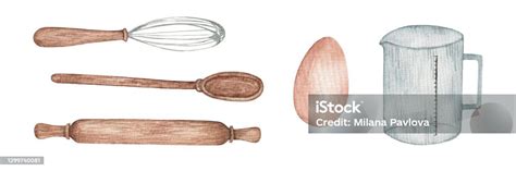 부엌 기구와 달걀의 수채화 도면 세트 베이킹용 비커 롤링 핀 숟가락 코 롤라 수채화에 대한 스톡 벡터 아트 및 기타 이미지 수채화 오븐에 굽기 일러스트레이션 Istock