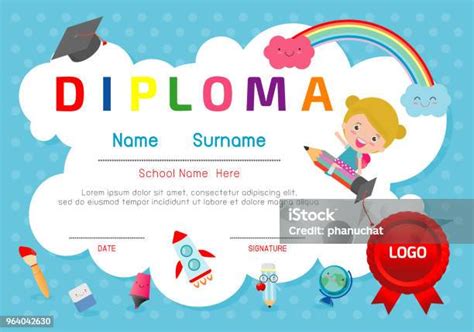 인증서 유치원 및 초등 학생 유치원 아이 들 졸업장 인증서 패턴 디자인 서식 파일 졸업장 유치원 학생 아이 들 졸업장 증명서 서식 파일 벡터 일러스트 레이 션 감탄에 대한