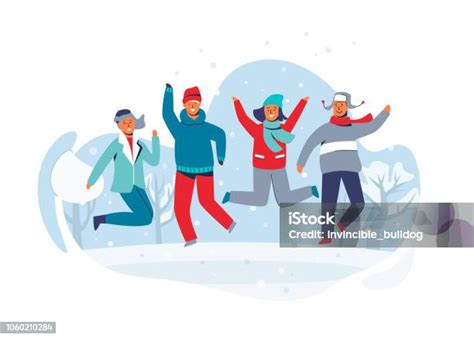 즐거운 문자 친구 눈에 점프입니다 행복 한 겨울 방학에 따뜻한 옷에 있는 사람들 남자 고 여자 옥외 재미입니다 벡터 일러스트 레이 션 겨울에 대한 스톡 벡터 아트 및 기타