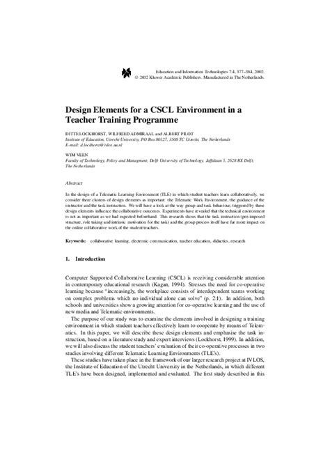 Pdf Design Elements For A Cscl Environment In A Teacher Training Programme