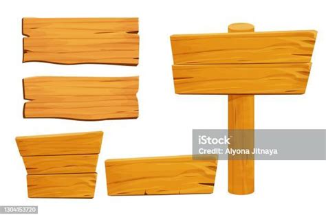 흰색 배경 스톡 벡터 일러스트레이션에 고립 된 만화 스타일의 나무 정제 질감 패널 간판 세트 소박한 보드 장소판 Ui 게임 자산