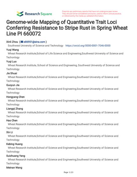 Pdf Genome Wide Mapping Of Quantitative Trait Loci Conferring Resistance To Stripe Rust In