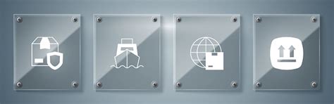 이쪽을 위로 설정 전 세계 배송 상자 배송이 있는 화물 및 배송 보안 방패를 설정합니다 정사각형 유리 패널 벡터 고급에 대한 스톡 벡터 아트 및 기타 이미지 Istock