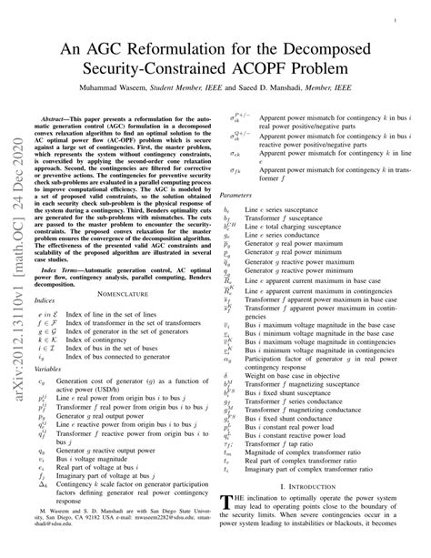 Pdf An Agc Reformulation For The Decomposed Security Constrained Acopf Problem