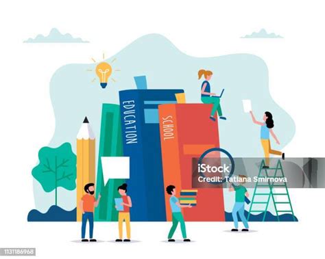 평면 스타일에서 교육 개념 벡터 일러스트입니다 온라인 교육 학교 대학 창조적 인 아이디어 책을 다루는 사람들 다양 한 작업을 수행 하는 문자 팀워크 개념에 대한 스톡 벡터
