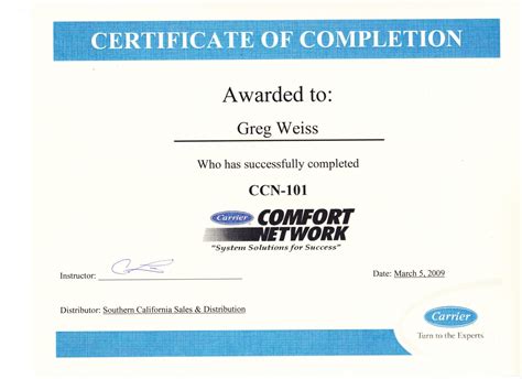 Carrier Comfort Network Ccn 101 Certificate Advanced Performance Heating And Air Conditioning