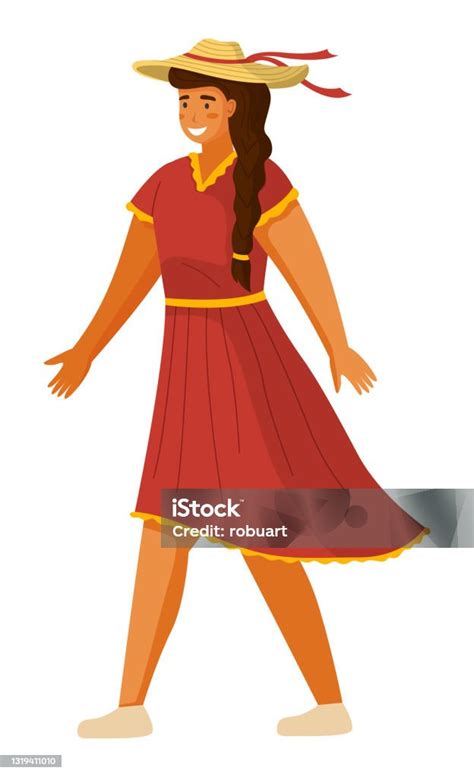 빨간 드레스를 입은 젊은 긴 머리의 무두질 소녀 날아다니는 리본이 달린 챙이 넓은 모자 여름 따뜻한 계절 Red Dress에 대한 스톡 벡터 아트 및 기타 이미지 Istock