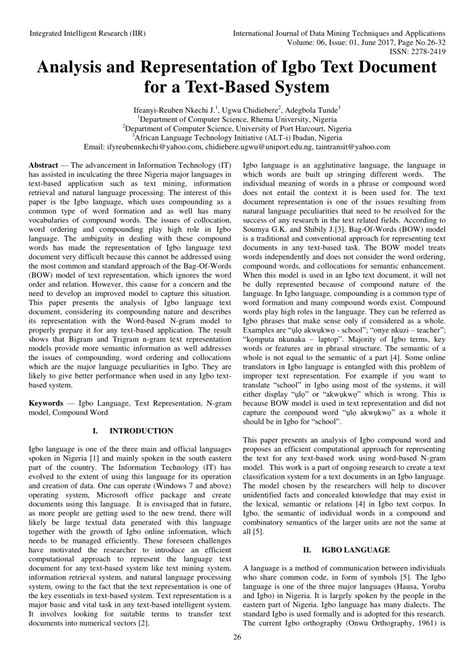 Pdf Analysis And Representation Of Igbo Text Document For A Text