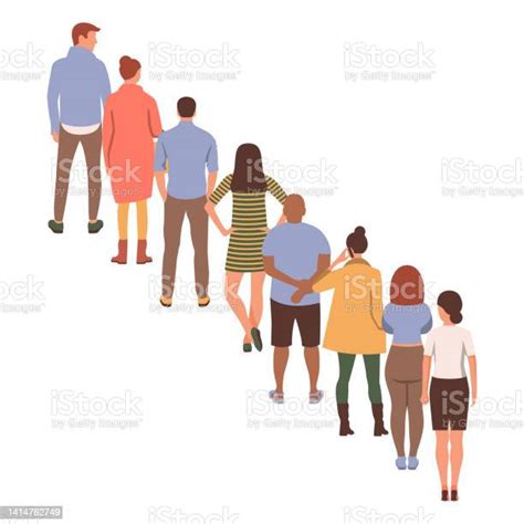 사람들은 긴 대기열에 서 있습니다 줄을 서서 서있는 젊은이들의 무리 후면에 대한 스톡 벡터 아트 및 기타 이미지 후면 등장인물 단체 Istock
