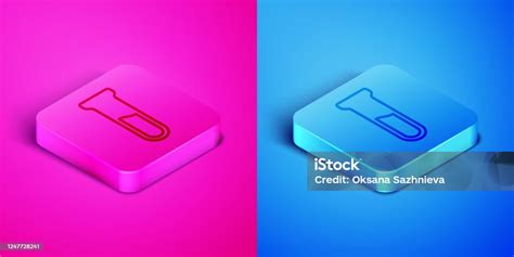 등각선 테스트 튜브 및 플라스크 아이콘은 분홍색과 파란색 배경에 격리 화학 실험실 테스트 실험실 유리 제품 정사각형 버튼 벡터 0명에 대한 스톡 벡터 아트 및 기타 이미지