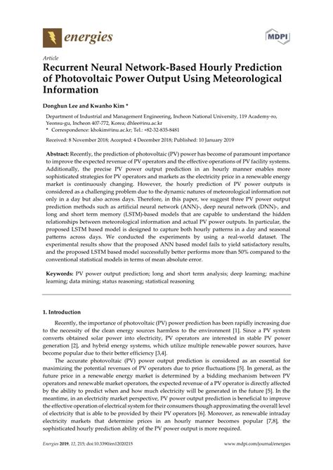 Pdf Recurrent Neural Network Based Hourly Prediction Of Photovoltaic Power Output Using