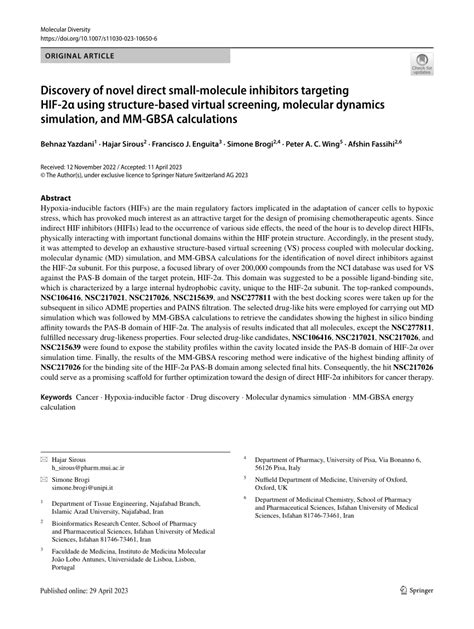 Pdf Discovery Of Novel Direct Small Molecule Inhibitors Targeting Hif 2α Using Structure Based