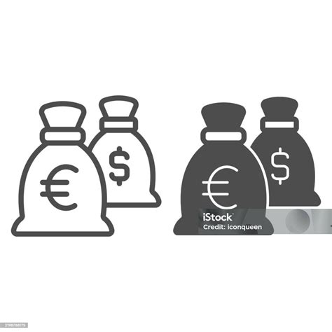 두 개의 돈 가방 쌍 라인과 단색 아이콘 은행 개념 벡터 그래픽 흰색 배경에 유로와 달러 가방 기호 모바일 또는 웹 디자인을위한 개요 스타일 아이콘 가격에 대한 스톡 벡터