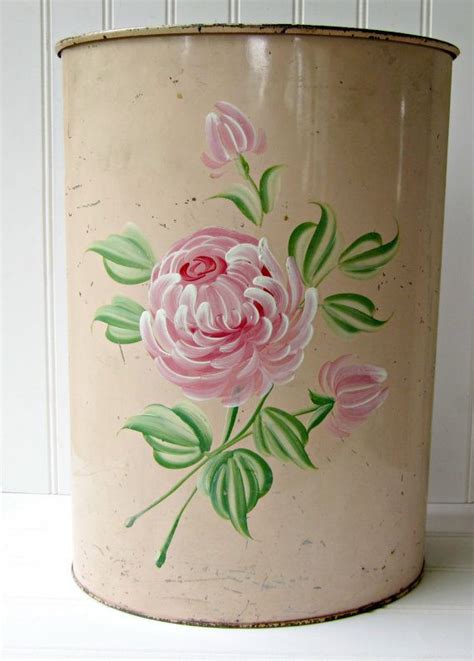 Pink Roses Shabby Chic Metal Trash Can Vintage Pilgrim Art Hand