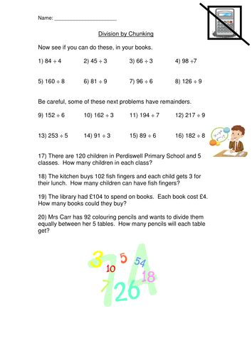 Division Chunking Method Worksheet Teaching Resources