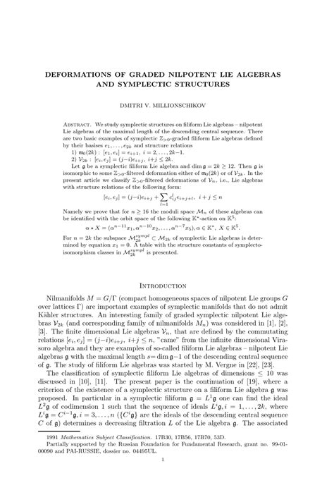 Pdf Deformations Of Graded Lie Algebras And Symplectic Structures