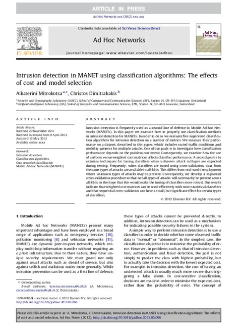 Pdf Intrusion Detection In Manet Using Classification Algorithms The Effects Of Cost And