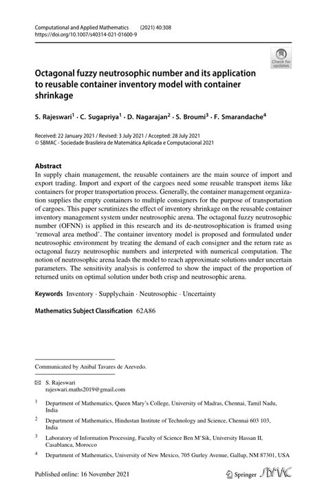 Pdf Octagonal Fuzzy Neutrosophic Number And Its Application To Reusable Container Inventory