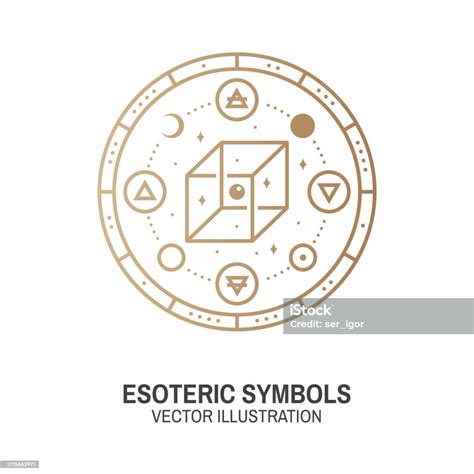 밀교 기호입니다 벡터 가는 선 기하학적 배지 연금술 또는 신성한 형상의 윤곽선 아이콘입니다 비현실적인 기하학적 큐브 달 태양과 신비하고 마법의 신성한 기하학 문신 디자인
