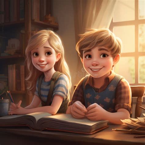 Ai Generated Illustration Of Two Cute Cartoon Siblings Reading Books In