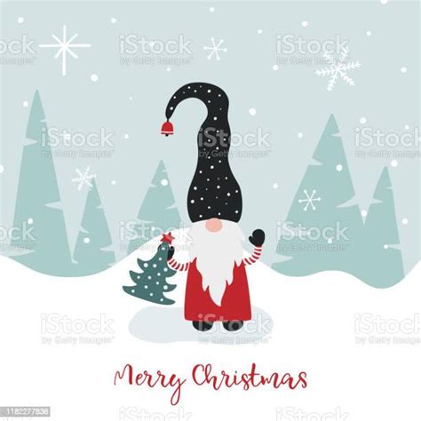 귀여운 스칸디나비아 노움 눈송이와 인사말 텍스트 메리 크리스마스 인사말 카드 톰테 그놈 일러스트 새해 복 많이 받으시고 자 벡터 디자인 템플릿입니다 크리스마스에 대한 스톡