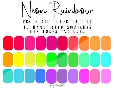 Neon Rainbow Procreate Color Palette 30 Color Swatches Bright Color Palette Canva Adobe