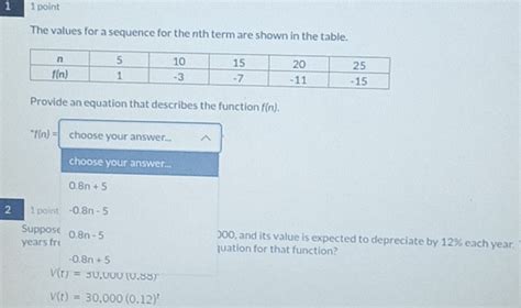 Solved 1 1 Point The Values For A Sequence For The Nth Term Are Shown