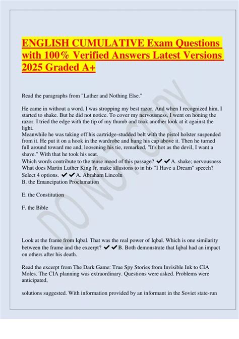 English Cumulative Exam Questions With 100 Verified Answers Latest Versions 2025 Graded A
