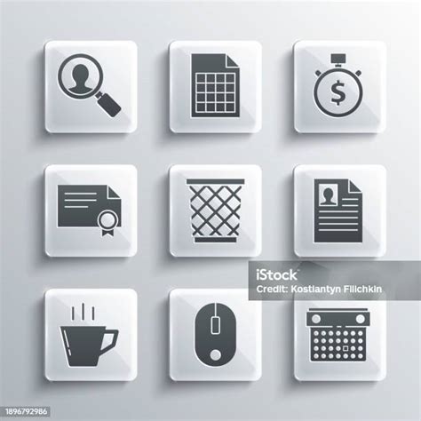컴퓨터 마우스 달력 이력서 휴지통 커피 컵 인증서 템플릿 검색 인원 및 시간은 돈 아이콘을 위한 돋보기를 설정합니다 벡터 누름 버튼에 대한 스톡 벡터 아트 및 기타 이미지