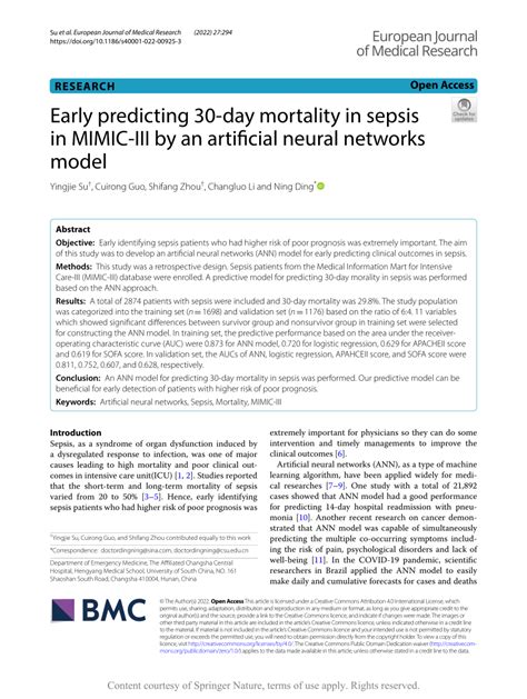 Pdf Early Predicting 30 Day Mortality In Sepsis In Mimic Iii By An