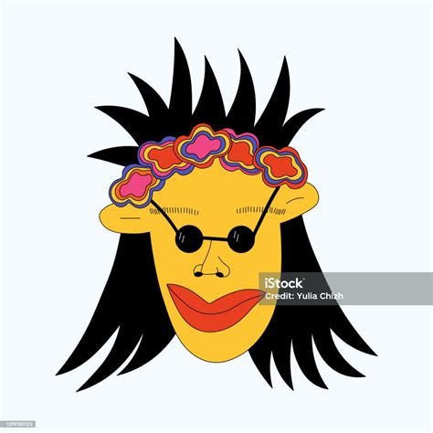 펑크 우먼히피의 초상화가 그녀의 머리에 꽃을 들고 있습니다빈티지 얼굴과 둥근 안경rock 뮤지션 이 페스티벌 60 대와 70 년대의 펑키하고 그루브 스타일 고립 된 아바타
